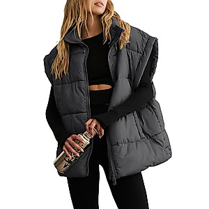 Vimyig Women's Winter Crop Puffer Vest Lightweight Warm Flysleeve Stand Collar Padded Puffy Jackets Coats with Pockets(DarkGrey-XXL)