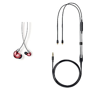 Shure SE535LTD In Ear Wireless Headphones, Red Detachable & Shure Universal Communication Cable For Detachable Se Sound Isolating Earphones, Black