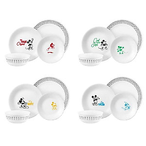 Corelle Vitrelle 16-Piece Dinnerware Set, Triple Layer Glass and Chip Resistant, Lightweight Round Plates Bowls Disney's Mickey Mouse - The True Original White