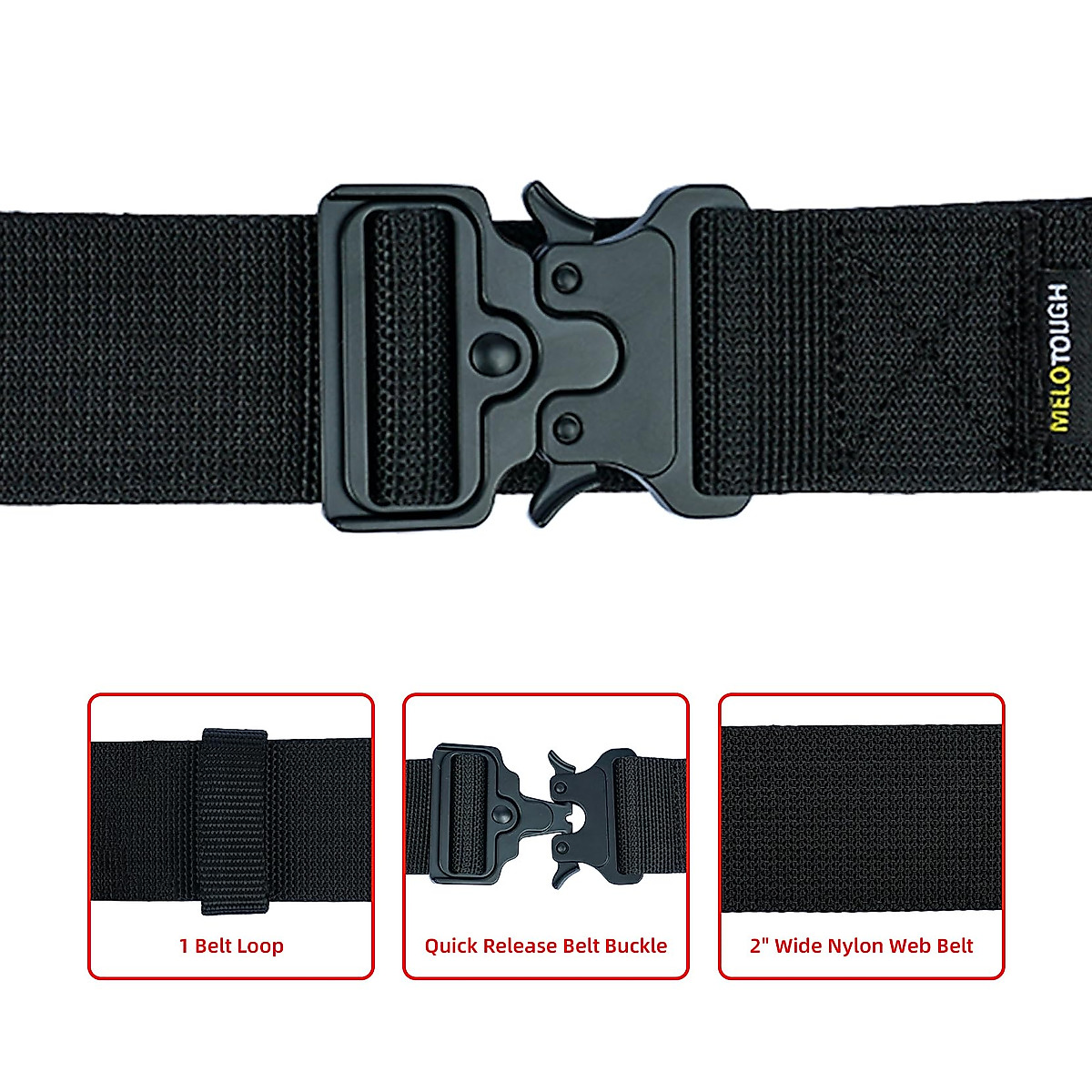 MELOTOUGH 2" Nylon Web Work Tool Belt for Men with Heavy Duty Quick Release Rugged Metal Buckle outdoor men's belt Tool Belts (Black)