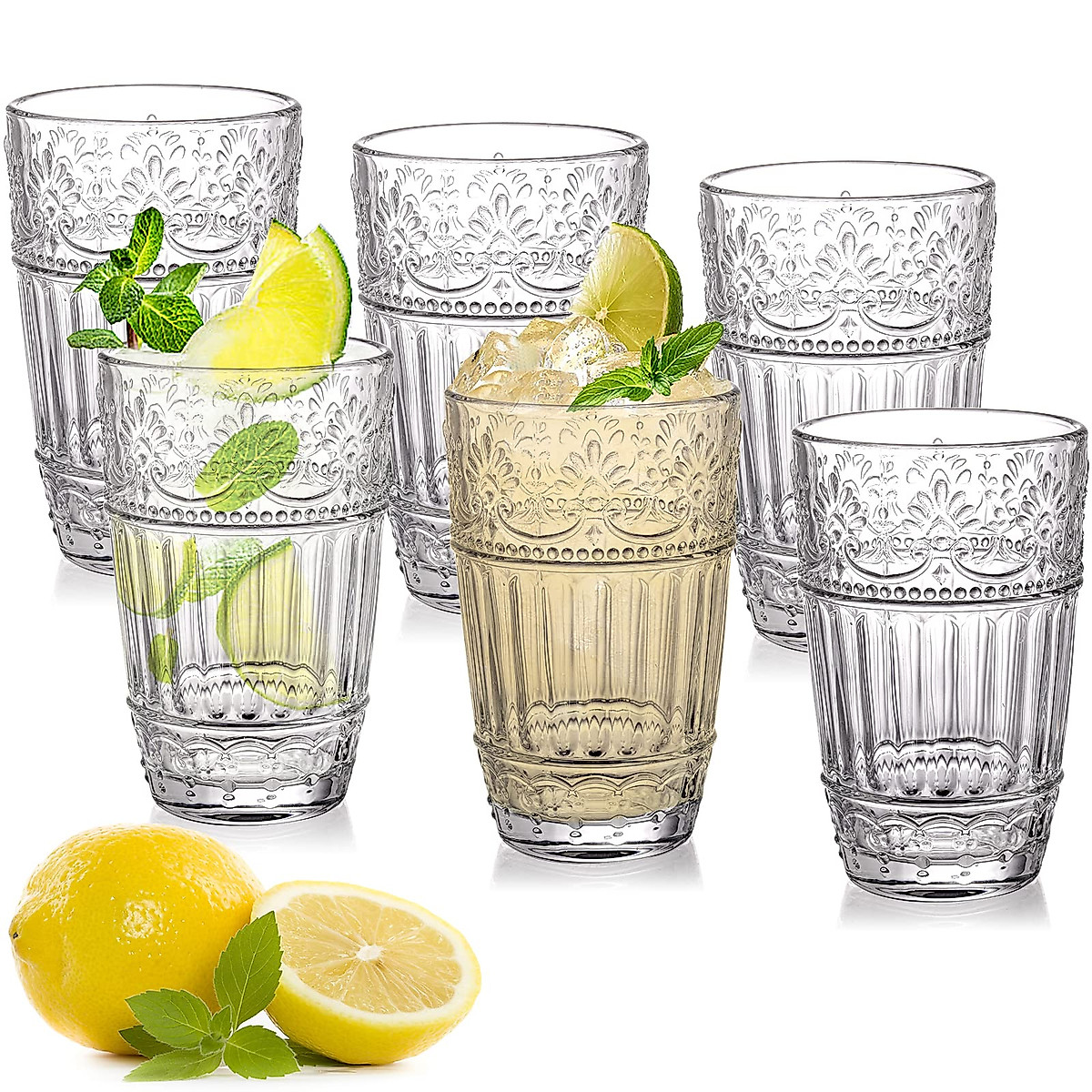 AVLA 6 Pack Romantic Water Glasses, 12 OZ Drinking Glasses Tumblers, Vintage Iced Coffee Glassware Set, Premium Bar Drinkware Cup for Beverages, Tea, Juice, Whiskey, Cocktail, Embossed Design