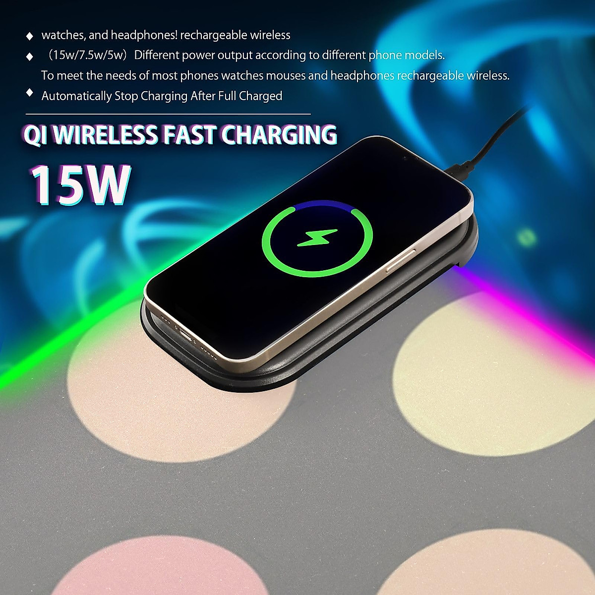 Polka Dot Wireless Charging Mouse Pad for Mobile Phone Extra Large Gaming Mousepad with 13 Lighting Modes Keyboard Mat for Office Home Gaming MacBook PC Laptop Desk