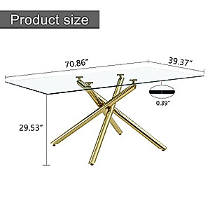 71inch Glass Dining Table for 6, Rectangle Kitchen Table with Golden Legs, Marble Texture Top Dining Table for 8, Dinner Dining Room Table for Home Kitchen Meeting Banquet