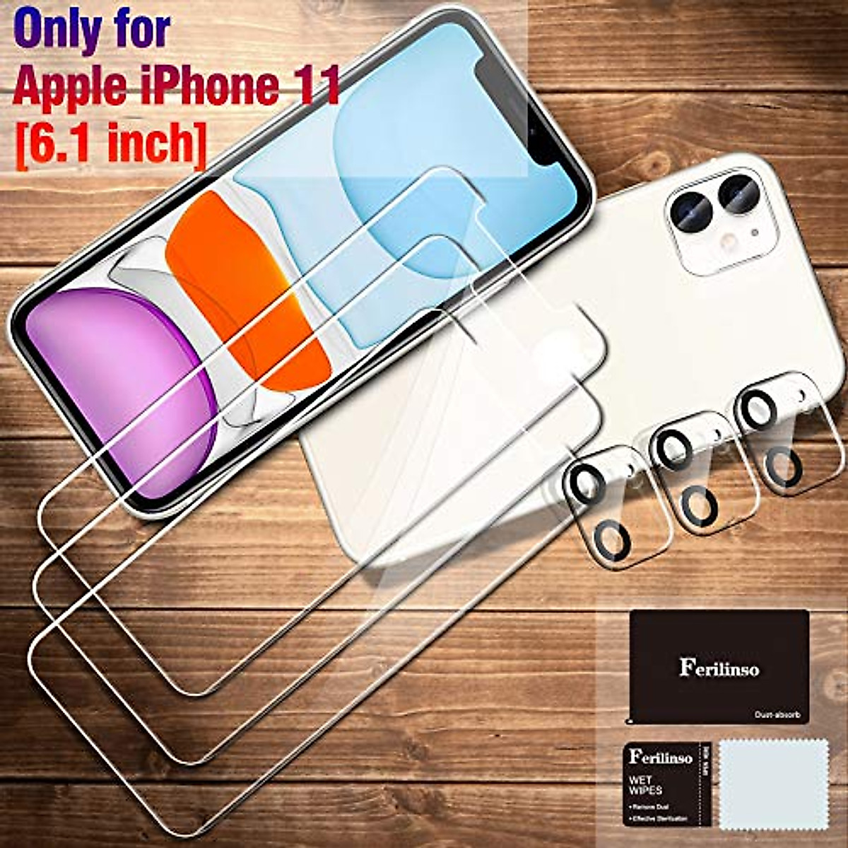Ferilinso [3+3 Pack] 3 Pack Screen Protector for iPhone 11 with 3 Pack Camera Lens Protector Accessories Tempered Glass Film for iPhone 11 6.1 Inch