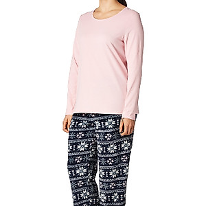 Fruit of the Loom Women's Sueded Jersey Crew Top and Fleece Pant Sleep Set, Soft Pink/Fairisle, Large