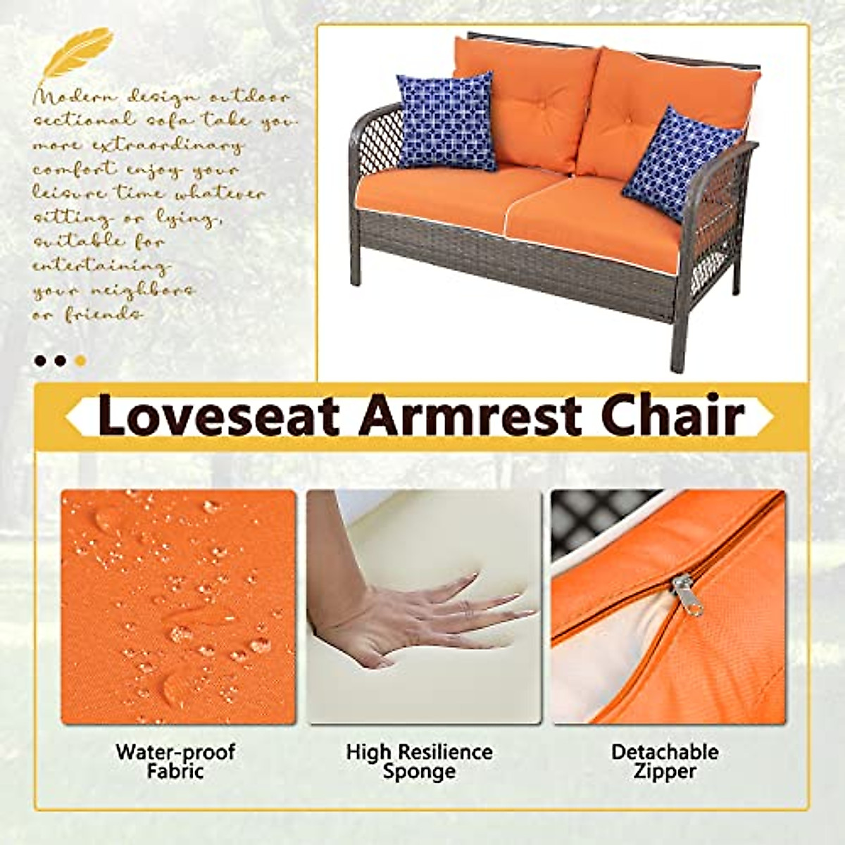 PHIKOOVA 6-Piece Wicker Patio Conversation Furniture Sets w/ 4 Pillows, Orange Outdoor Patio Furniture Set w/Table, All Weather PE Rattan Porch Outdoor Chairs, Brown Wicker/Orange Cushions