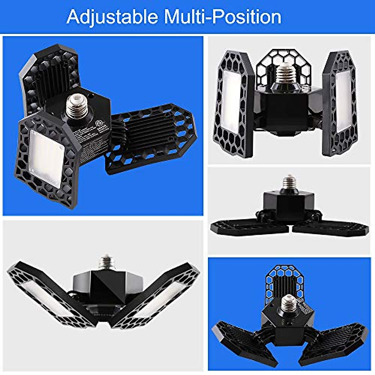 LED Garage Light, Deformable Garage Ceiling Light, 60W, 8000LM, 6000K Daylight, E26/E27 Socket Include, Fits for Garage Warehouse Basement Workshop and Yard Shop Light, Barn Light, High Bay Light