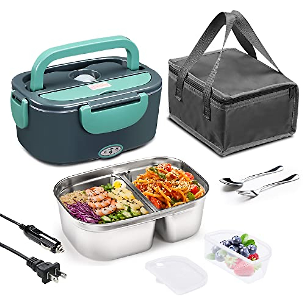 Electric Lunch Box 60W Food Heater, Upgraded 2 Compartments Portable Heated Lunch Box for Car Truck Adults Work Travel, Leak Proof, Self Heating Lunch Box with 1.5L 304 SS Container, 110V/220V/12V/24V