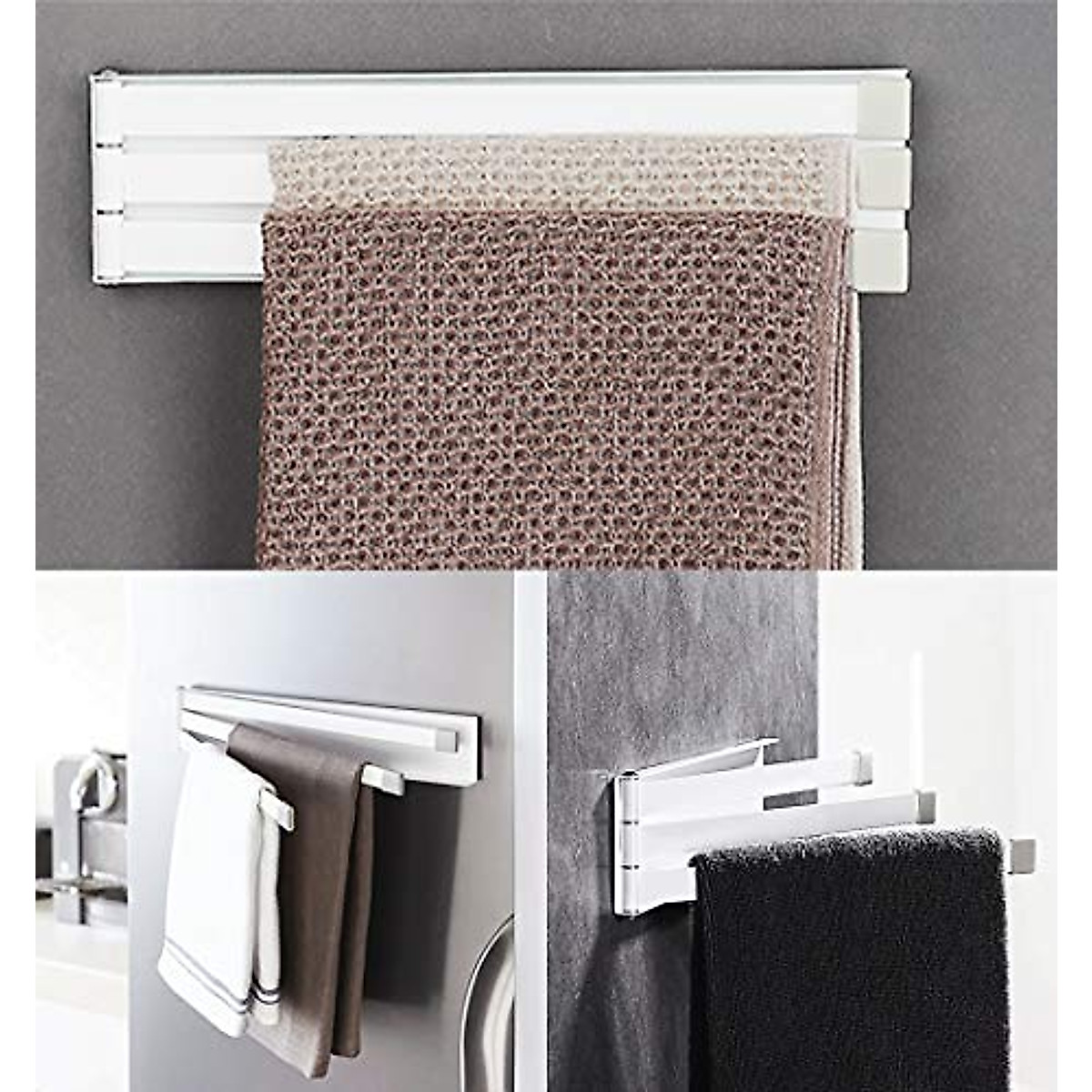 YEAVS Swing Towel Holder Rack White, Wall Mounted Towel Bar Swivel with 3-Arm for Bathroom Kitchen Storage