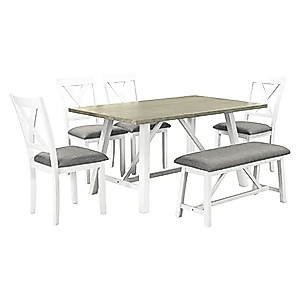 Merax 6 Piece Kitchen Dining Table Set, Wooden Rectangular Dining Table with Bench and 4 Chairs, Polyester Fabric, Rustic Style, Kitchen Furniture Set for 6 People, White+Gray
