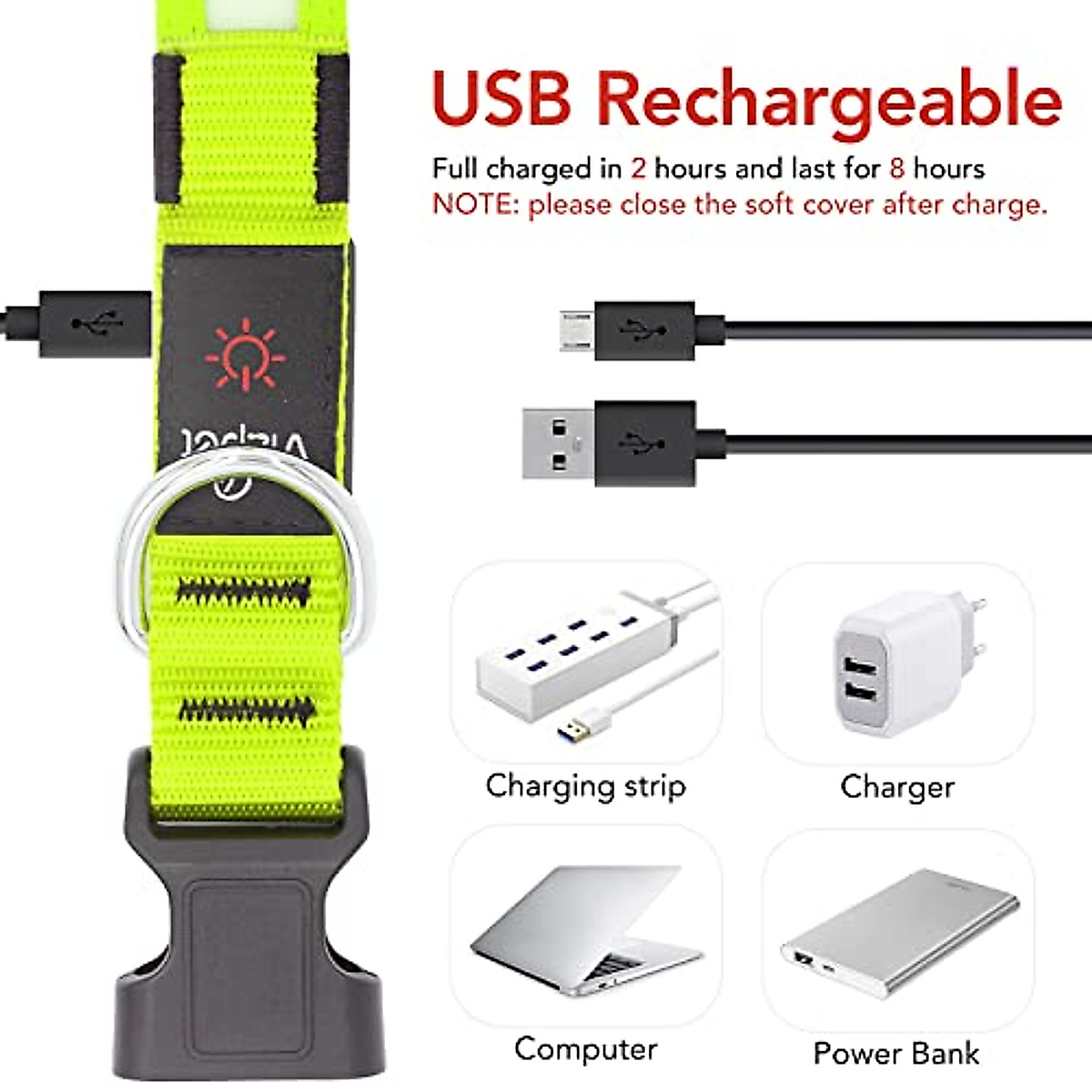 VIZPET LED Dog Collar USB Rechargeable 100% Waterproof Adjustable Light Up Dog Collar Super Bright Safety Light Glowing Collars for Dogs (Green, Medium)