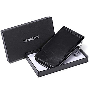JEEBURYEE Women's Oil Wax Real Leather Multi Credit Card Holder Wallet RFID Blocking Long Bifold Clutch Wallet Ladies Purse with Zipper Pocket Black