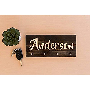 PLS Market Personalized Wall Key Hanger Unique Custom Key Ring & Jewelry Rack Holder - Customize with Your Name | Dark Rustic Natural Wood 4 Hooks Decorative Kitchen, Garage, Living, Closet