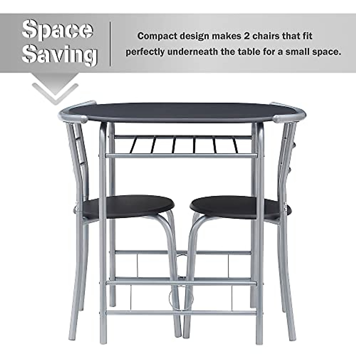 VECELO 3 Piece Wood Round Table & Chair Set for Dining Room Kitchen Bar Breakfast, with Wine Storage Rack, Space Saving, 31.5", Black and Silver