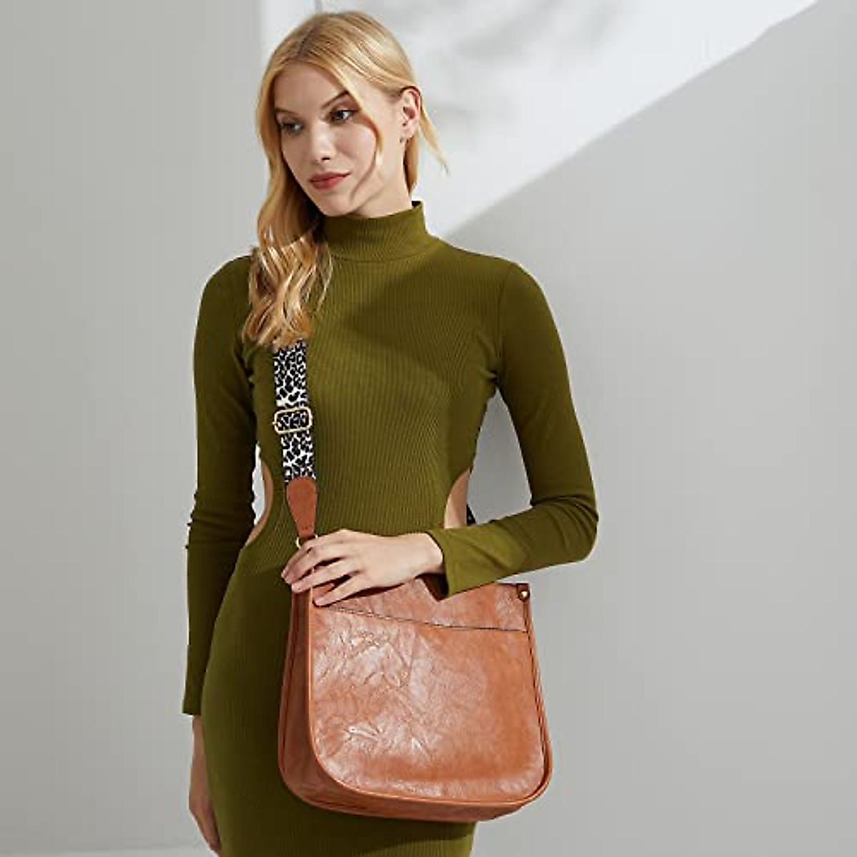 Women Shoulder Bag Vintage Crossbody Purse Handbag with Leopard Guitar Strap Hobo Satchel Bag, Brown