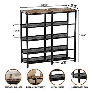 AWQM 5 Tier Shoe Rack Organizer,Industrial Closet organizer,Holds 12-15 Pairs of Shoes,Stackable Shoe Shelf with 4 Metal Mesh Shelves /Wood Tabletop,Coset Shelf for Entryway, Hallway, Closet, Brown