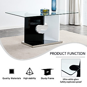 63 inch Glass Dining Table for 6 or 4, Modern Dining Room Table with Tempered Glass Tabletop and Double Pedestal Base, Large Rectangular Kitchen Table for Dining Room Banquet (Black&White)