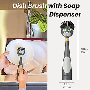Vigar Felix Cat-Shaped Soap Dispensing Dish Brush, Dish Brush with Soap Dispenser for Pot Scrubber, Dishes, Sink, and Kitchen Essentials, Black, Gray