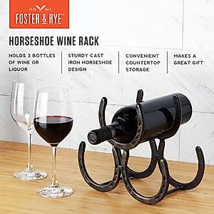 Foster & Rye Horseshoe Countertop Metal Wine Rack, Cast Iron Wine Bottle Holder, Holds 3 Standard Wine Bottles, 10" x 5.5" x 8.5"