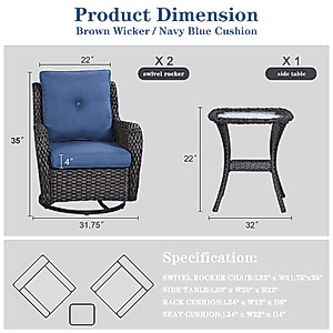 Belord Outdoor Swivel Rcoker Patio Chair - 3 Pieces Wicker Swivel Glider Chairs with Side Table, Patio Furniture Set for Porch Deck Balcony Garden