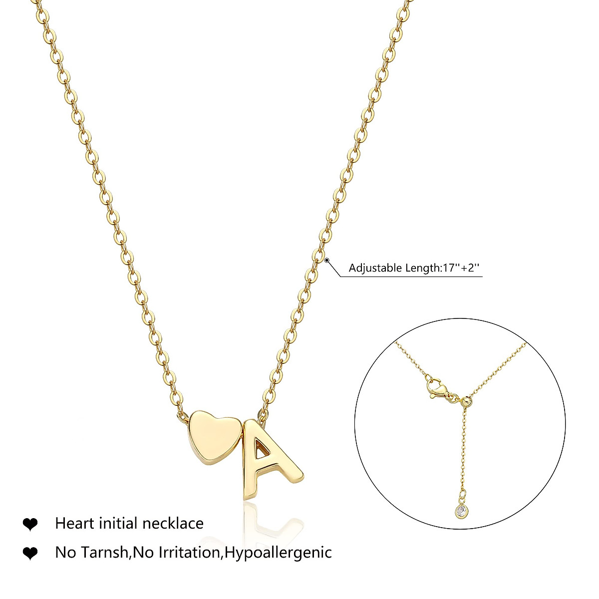 CHESKY Heart Initial Necklaces for Women, 14K Gold Plated Heart Pendant Necklace Simple Cute Necklaces Dainty Personalized Necklace Letter A for Women Necklace Gold Jewelry Gift for Women
