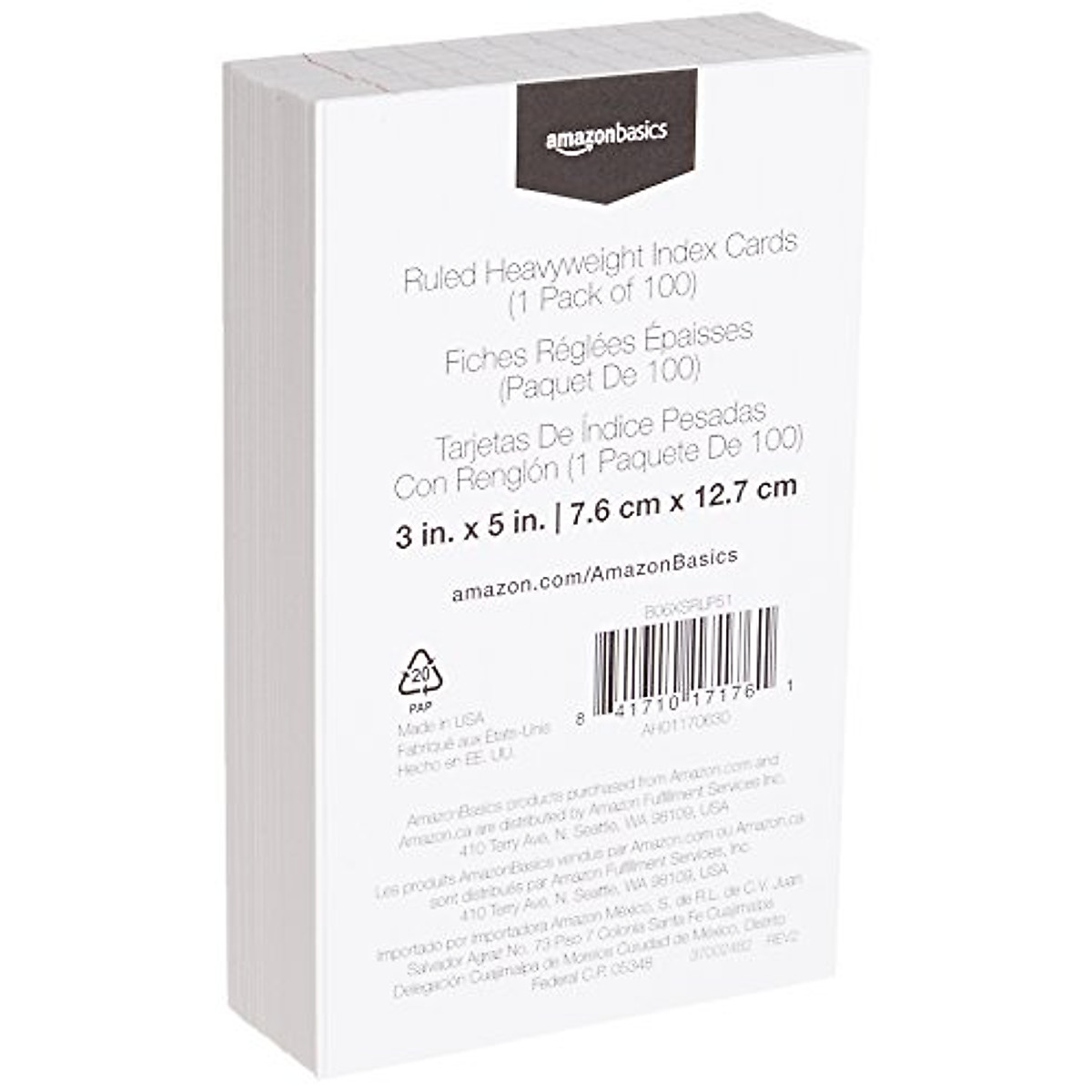 Amazon Basics Heavy Weight Ruled Lined Index Cards, White, 3x5 Inch Card, 100-Count