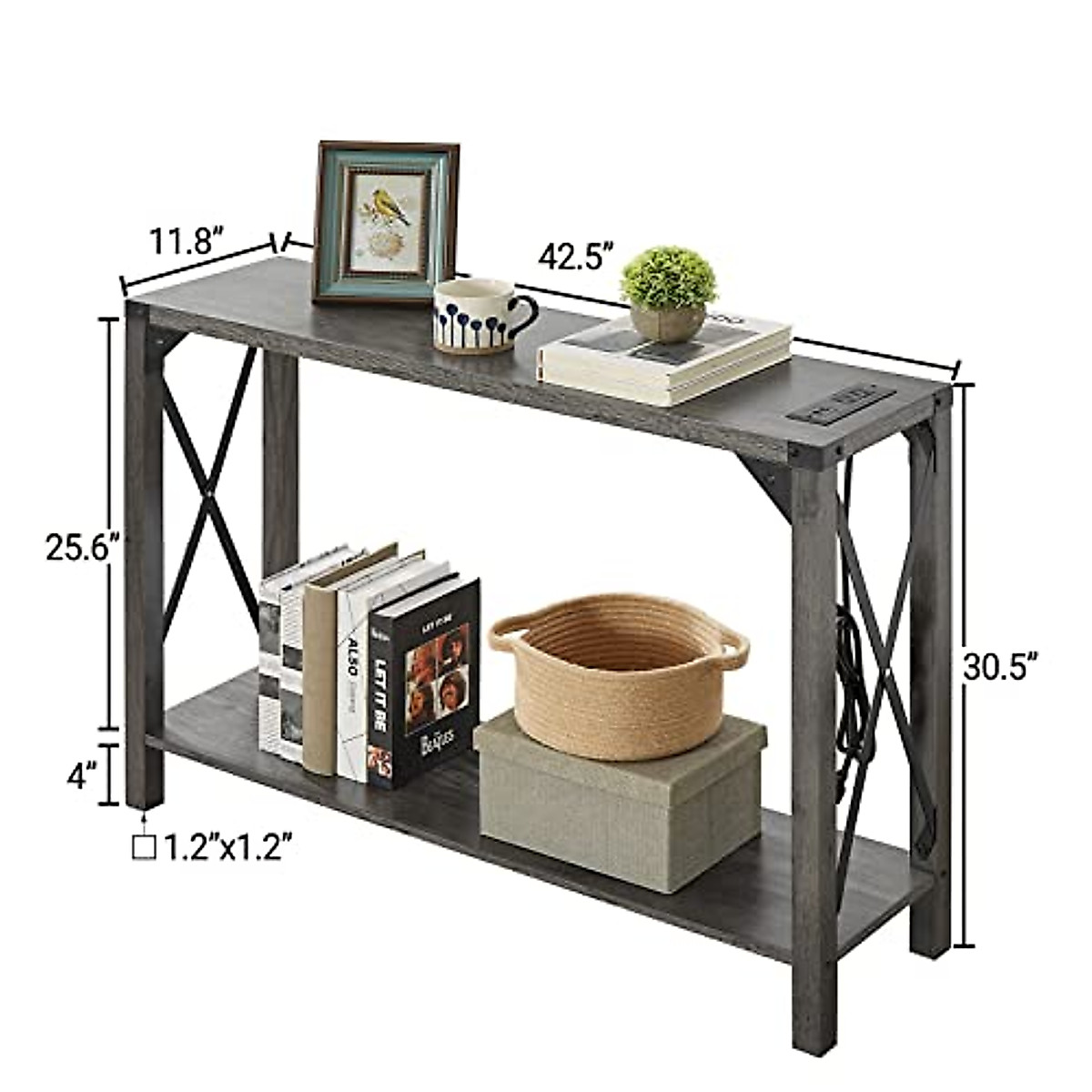 IRCPEN 42.5" Entryway Table with Charging Station, 2-Tier Skinny Sofa Table with Outlet, Industrial Console Table for Entryway, Living Room, Hallway, Foyer (Grey, 42.9" D x 11.8" W x 29.9" H)