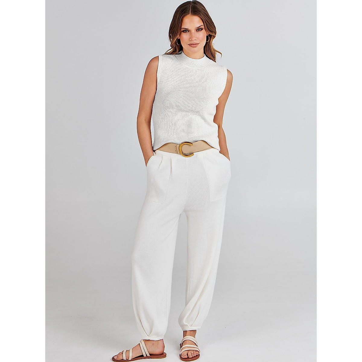 ANRABESS Womens Summer Sleeveless Tops Casual Mock Neck Loose Fit Knit Lightweight Sweater Pullover Top White-XL