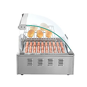 VEVOR Hot Dog Roller, 11 Rollers 30 Hot Dogs Capacity, 1650W Stainless Sausage Grill Cooker Machine with Dual Temp Control Glass Hood Acrylic Cover Bun Warmer Shelf Removable Drip Tray, ETL Certified