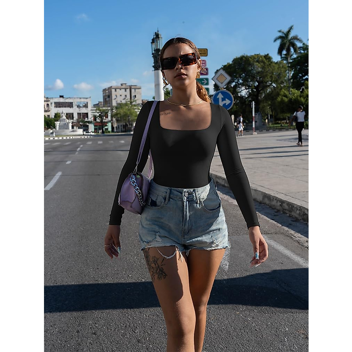 HYZ Women's Workout Square Neck Long Sleeve Y2k Slim Fit High Stretchy Basic Tunic Tops Black Beige