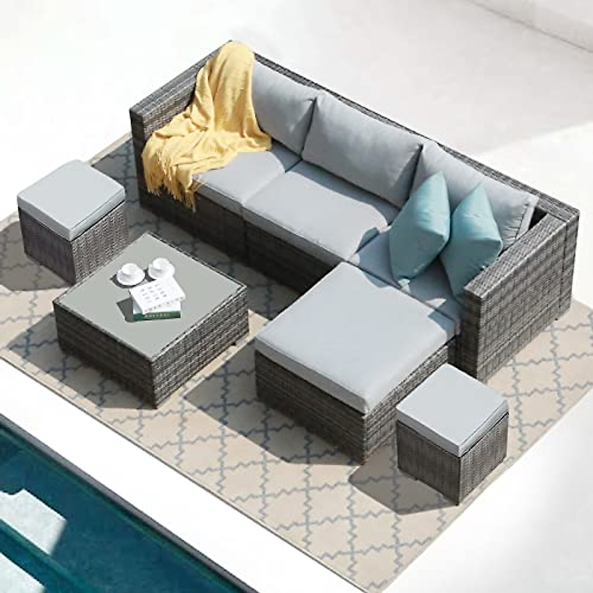 Patiorama 7 Pieces Outdoor Patio Furniture Set, Outdoor Sectional Conversation Set, All Weather Grey Wicker Rattan Sofa Set, W/Glass Table, Two Assembled Ottomans, Light Grey Cushions