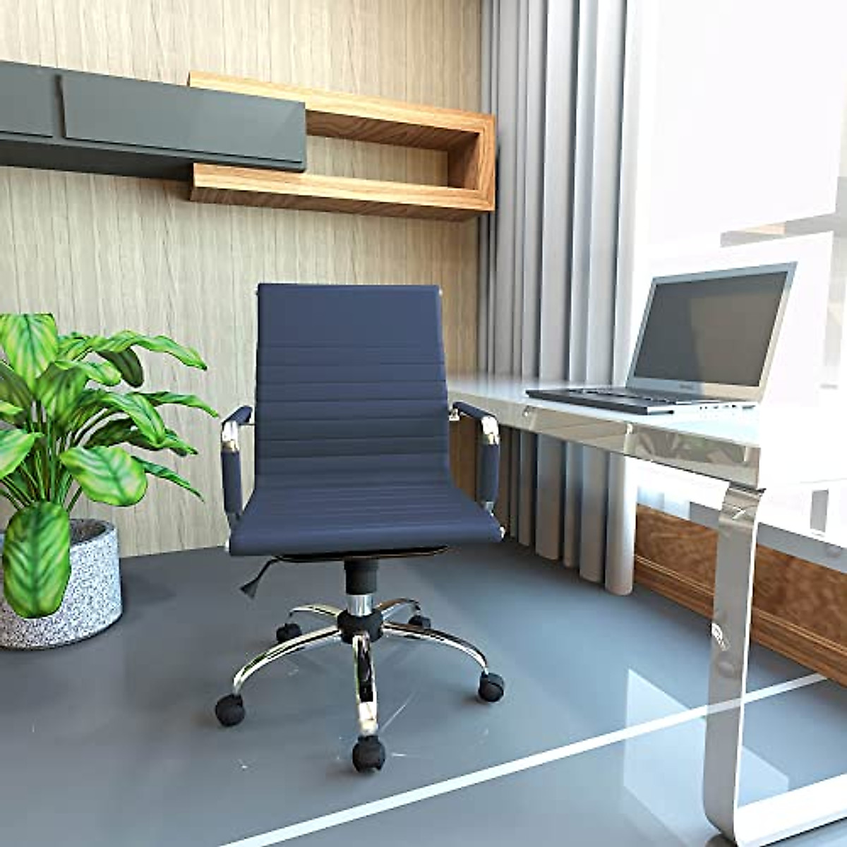 LeisureMod Harris Modern Adjustable Swivel Leather Task Office Chair, Navy Blue