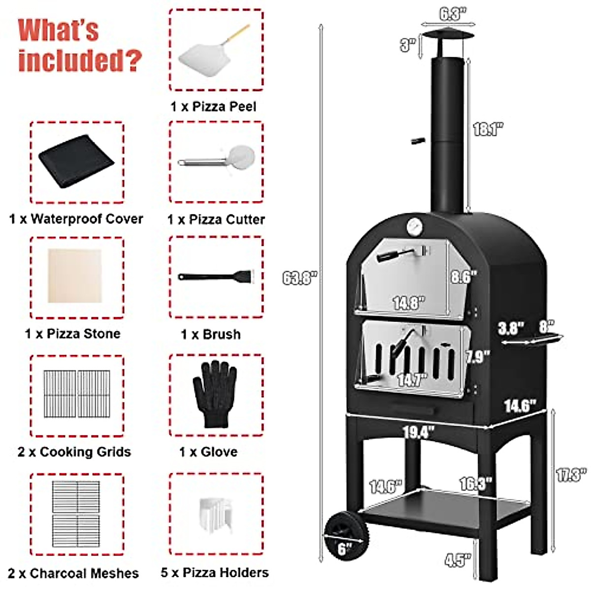 Giantex Pizza Oven Outdoor, Wood Fire Pizza Grill Maker with Waterproof Cover, Pizza Stone and Peel, 2 Layer Steel Pizza Oven Cooker with Wheels for Barbecue Camping Backyard Party