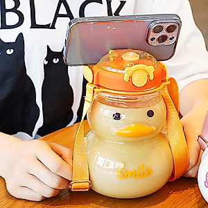 Large Cute Duck Water Bottle with Straw and Strap 34oz Kawaii Duck Water Bottle with 3D Stickers for Kids Toddler Girls School Sports Travel Leakproof Portable Handle Hot and Cold Bottles (Yellow)