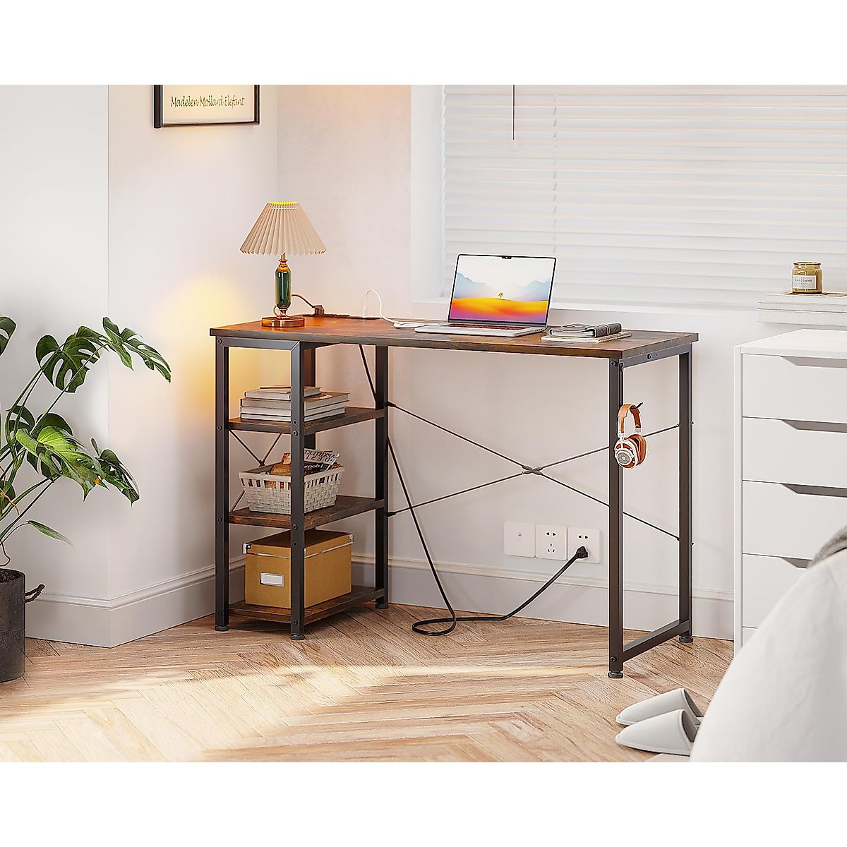 AODK Laptop Desk Small Desk, 40 Inch Computer Desk with Power Outlet and USB & Type-C Charging Port, Writing Desk with 3-Tier Reversible Storage Shelf for Home Office, 40'' x 16'', Rustic Brown