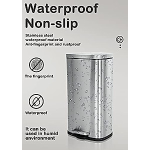 8 Gallon 30L Trash Can with Hinged Lid and Removable Inner Bucket Stainless Steel Kitchen Trash Can Silent Garbage Can Touch-Free Pedal Rubbish Bin Waste Bin for Home Kitchen Waste Bin Silver