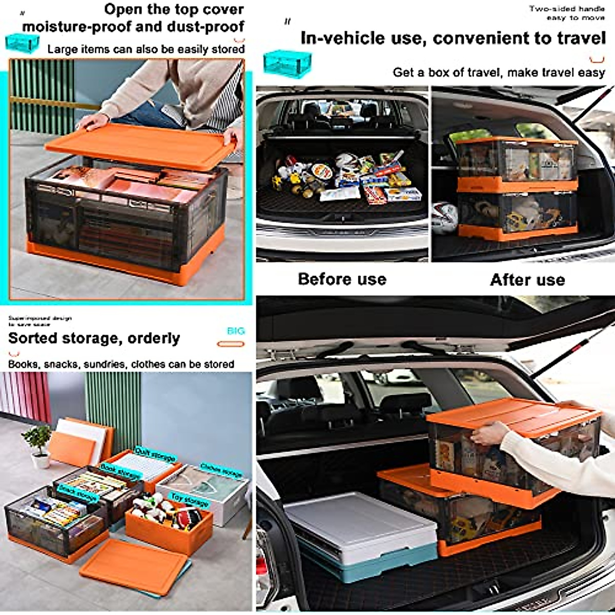 Plastic Collapsible Storage Bins,Stackable Lidded Storage Bins Durable Thick Folding Utility Crates Clear Containers,Storage Cubes Bins Organizer for Wardrobe Closet Groceries-Orange 54l(19.4x14.3x11.