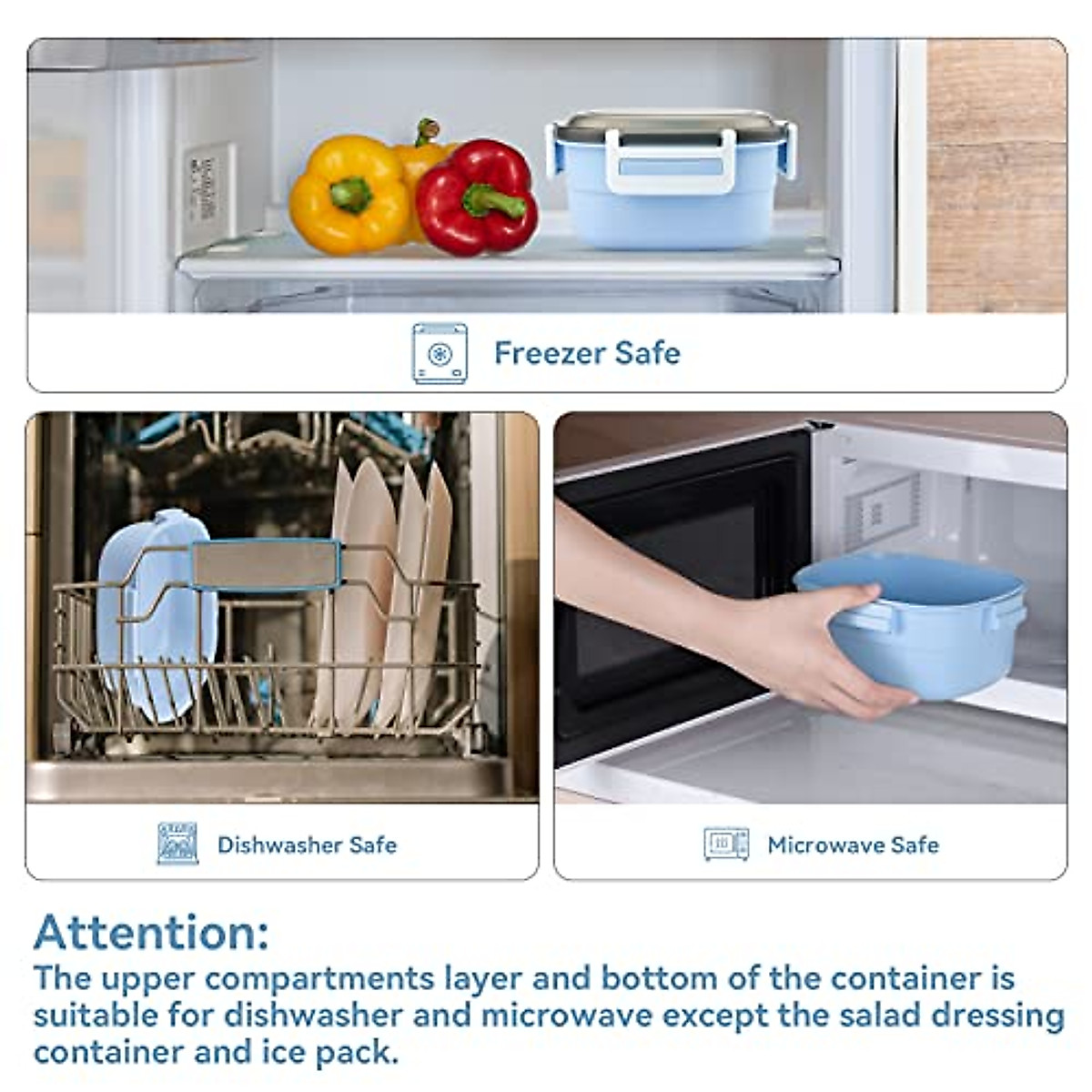 FITHOME Freezer Lunch Box Container,1.3L Reusable Salad Lunch Containers with Built-In Ice Pack & Fork,Leakproof,BPA-Free-3 Compartments for Adults