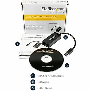 StarTech.com USB 3.0 Ethernet Adapter - USB 3.0 Network Adapter NIC with USB Port - USB to RJ45 - USB Passthrough (USB31000SPTB), Black, 0.7" x 1.4" x 5" x 5"
