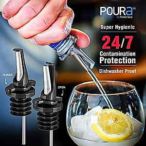 3-in-1 Liquor Pour Spout with Built-in Fruit Fly Protection - Dishwasher Safe Hygienic Alcohol Speed Spouts - Also for Olive Oil, Juice, Syrup. Black 2 Pack with 2 Adapters for Large Neck Bottles