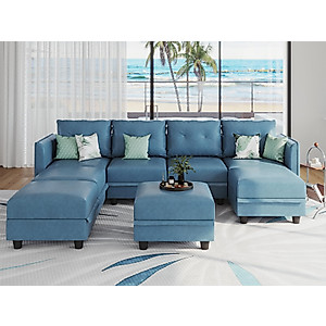 LLappuil Modular Sectional Couch with Reversible Chaise Faux Leather Fabric Oversized 8 Seater U Shaped Sectional with Storage Convertible Sofa Sleeper Couch, Navy Blue