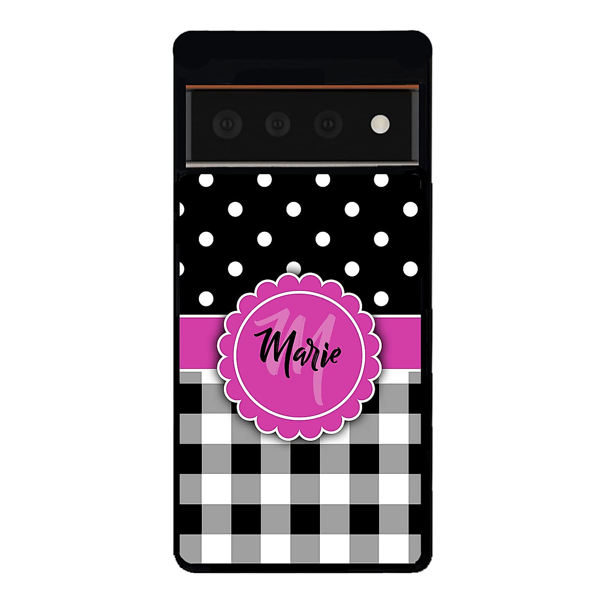 Black White Pink Plaid and Polka Dots Personalized Black Rubber Phone Case Compatible With Google Pixel 8 Pro, 8a, 8, 7a, 7, Pixel 7 Pro, 6a, Pixel 6 Pro, 6, 5, 4a 5G, 4a 4G, 4, 4 XL, 3a