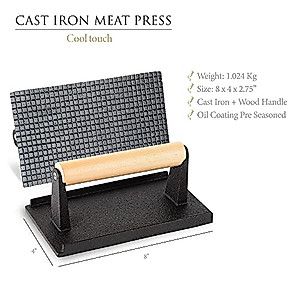 HUMOS Pre Seasoned Cast Iron Meat Press Cool Touch Wooden Handle 8”x4” Heavy Duty for Paninis, Crispy Bacon, Evenly Cooked Steak, Healthier Burgers, Sandwiches and Vegetables
