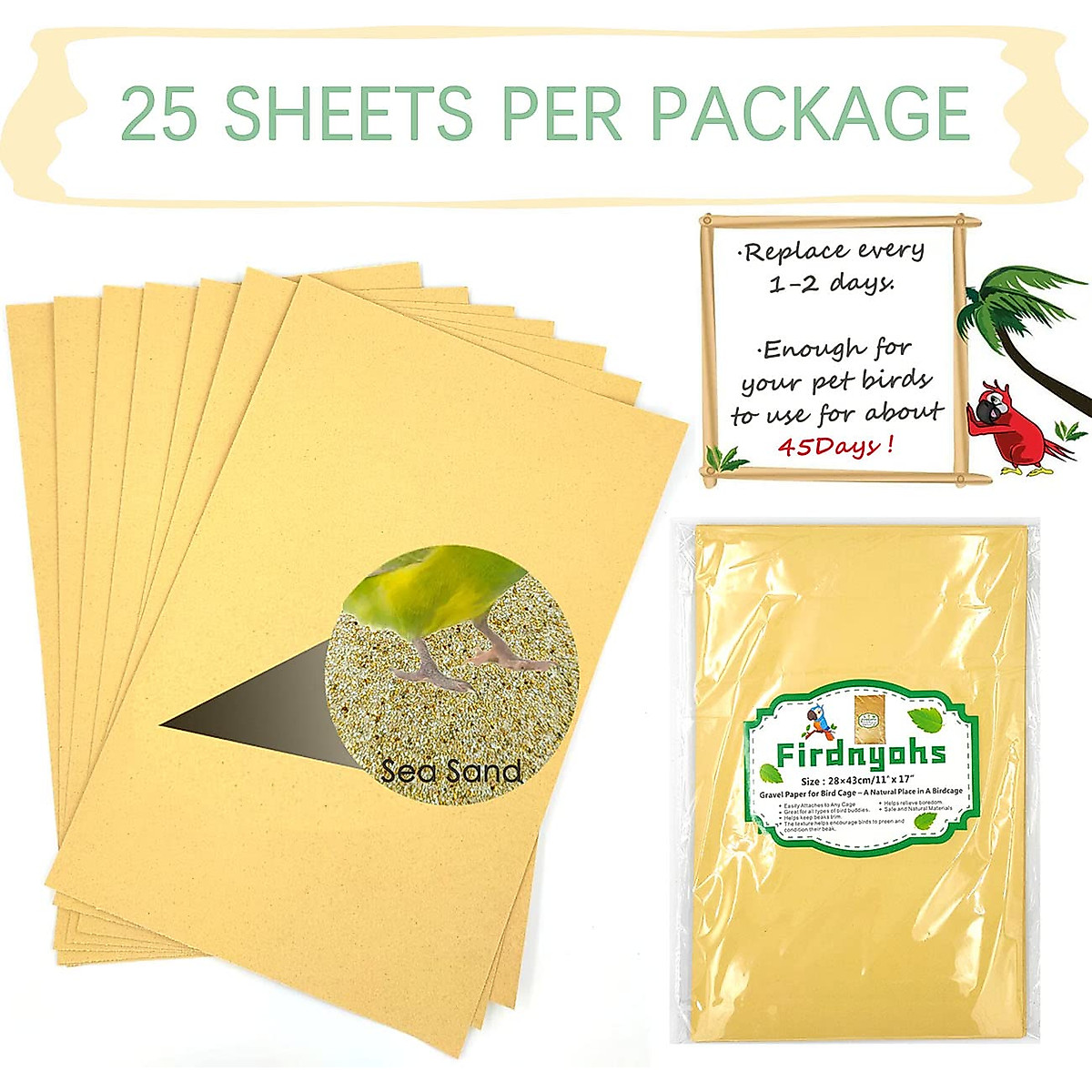 25PCS Gravel Paper for Bird Cage,11" x17" Bird cage Liner Gravel Paper Special for Bird Cage in sea Sand-Great for Hard-Billed Birds Safe& Clean & Easy for Improved Digestion…