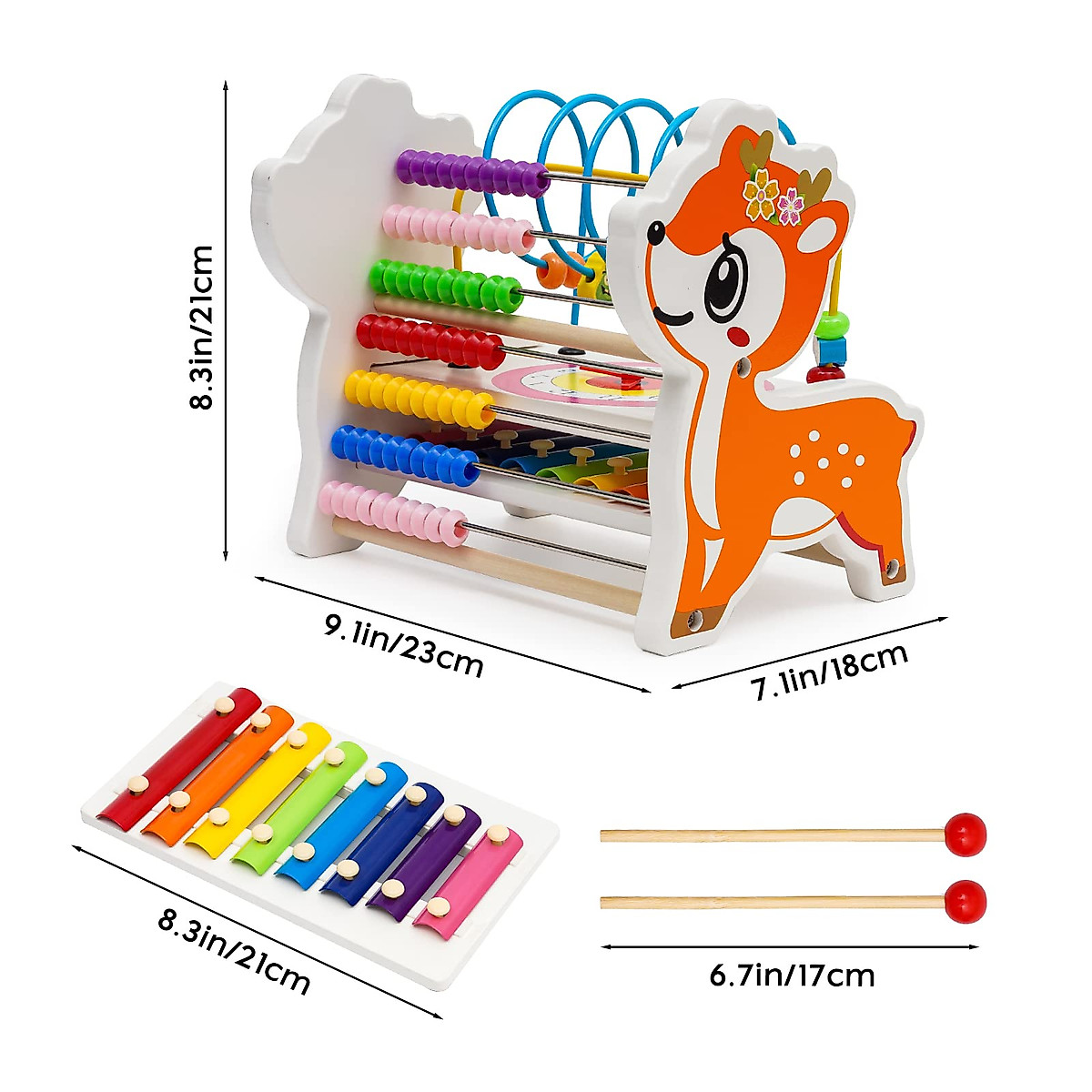 NUKied 4-in-1 Kids Baby Activity Cube Toys, Wooden Activity Center with Abacus Bead Maze Xylophone Clock Kids Toys, Developmental Educational Learning Toys for for 1 2 3 Years Old Girls Boys