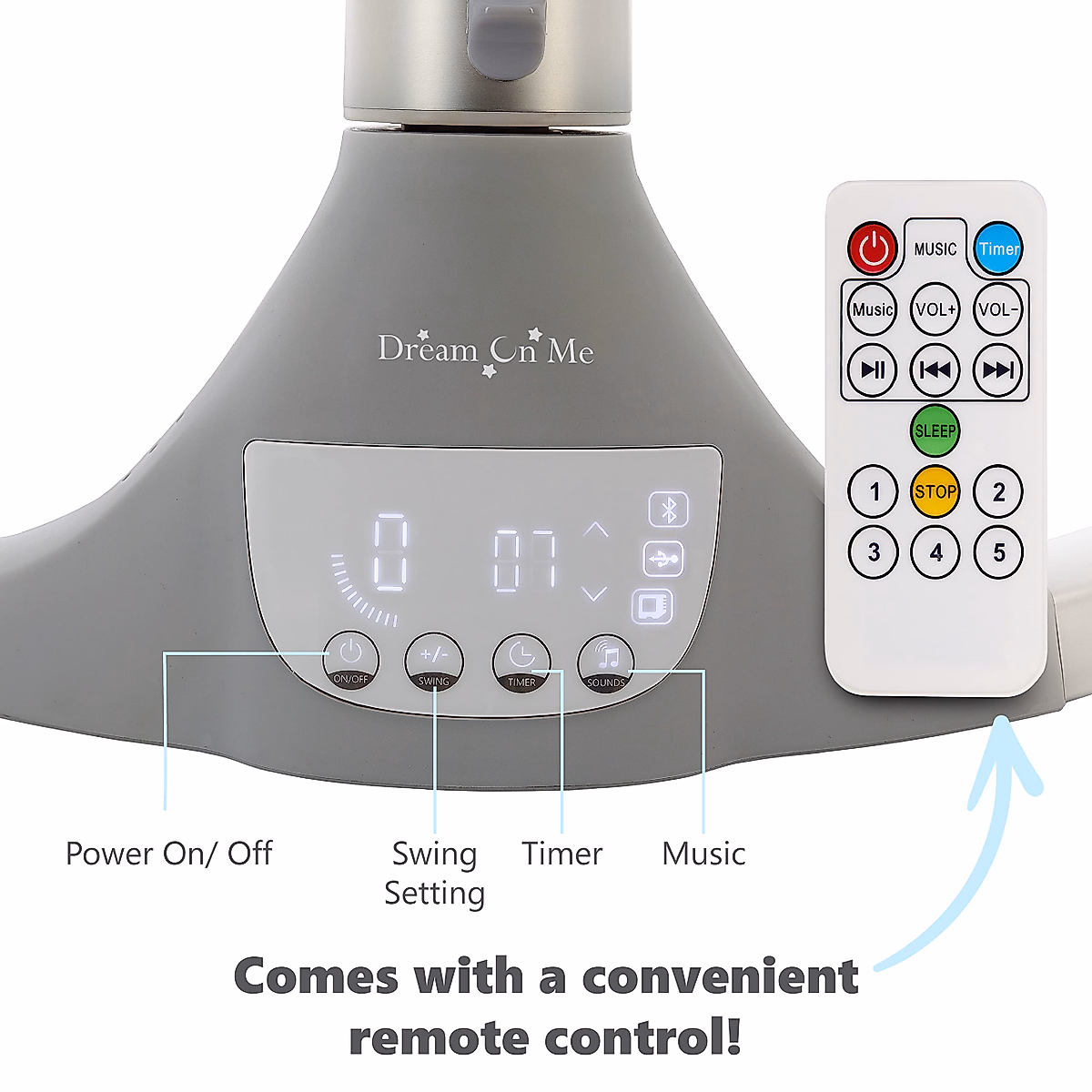 Dream On Me Zazu Baby Swing, Baby Swing for Infant, 5 - Swinging Speed, Two Attached Toys, Bluetooth Enabled and Remote Control, Grey and Blue