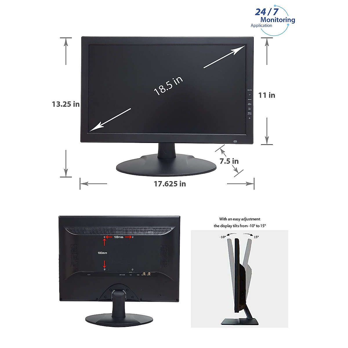 101AV 18.5 LED Security Monitor HDMI up to Ultra HD 4K/8MP 3840x2160,VGA & BNC Input/Output Build in Speaker Audio Video Display VESA Compatible for CCTV DVR Home Office Surveillance 24/7