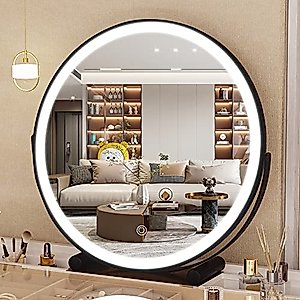 Hasipu Vanity Mirror with Lights, 16" LED Makeup Mirror, Lighted Makeup Mirror with Lights, Smart Touch Control 3 Colors Dimmable Round Mirror 360°Rotation Black