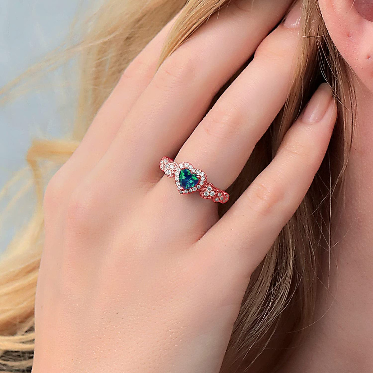 Gem Stone King 18K Rose Gold Plated Silver Ring Heart Shape Simulated Opal and Moissanite (0.93 Cttw) (Size 7)