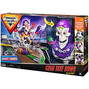 Monster Jam, Grim Takedown Playset with Lights and Sounds, Featuring Exclusive 1:64 Scale Die-Cast Grave Digger Monster Truck
